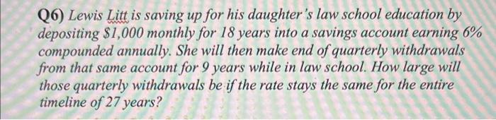 Solved Q6) Lewis Litt is saving up for his daughter's law | Chegg.com