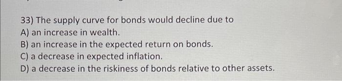 Solved 33) The supply curve for bonds would decline due to | Chegg.com
