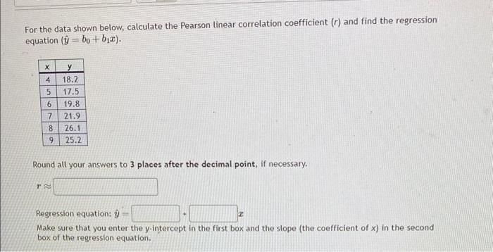 Solved For the data shown below, calculate the Pearson | Chegg.com
