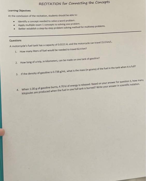 Solved RECITATION for Connecting the Concepts Learning | Chegg.com
