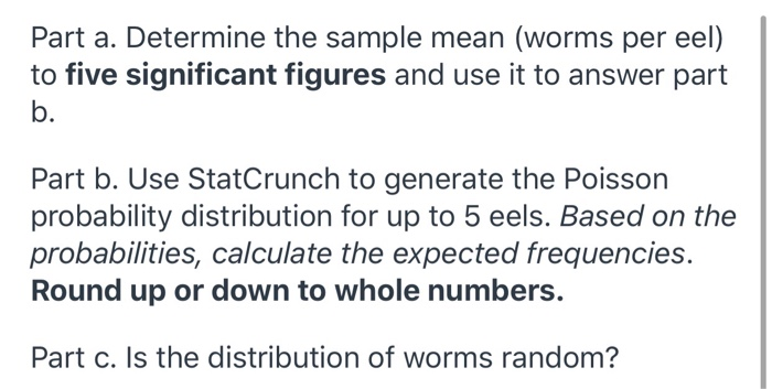 Part a. Determine the sample mean (worms per eel) to | Chegg.com