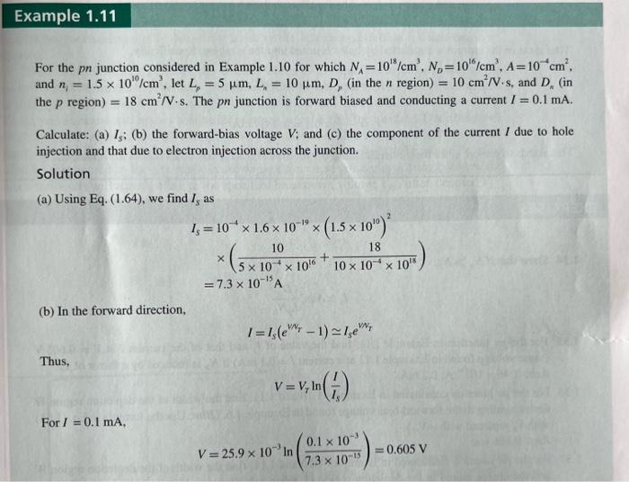 Solved 36 For the pn junction considered in Examples 1.10 | Chegg.com