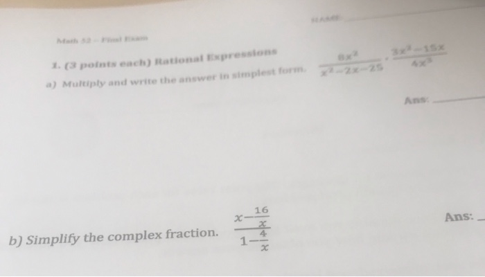Solved 2 1. (3 points each) Rational Expressions .) Multiply | Chegg.com