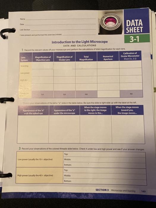 DATA SHEET 3-1 Introduction to the Light Microscope | Chegg.com