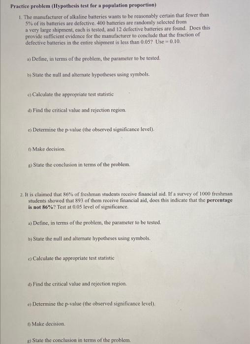 Solved Practice problem (Hypothesis test for a population | Chegg.com