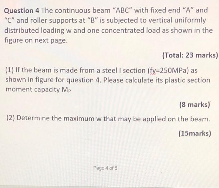 Solved Question 4 The continuous beam "ABC" with fixed end | Chegg.com