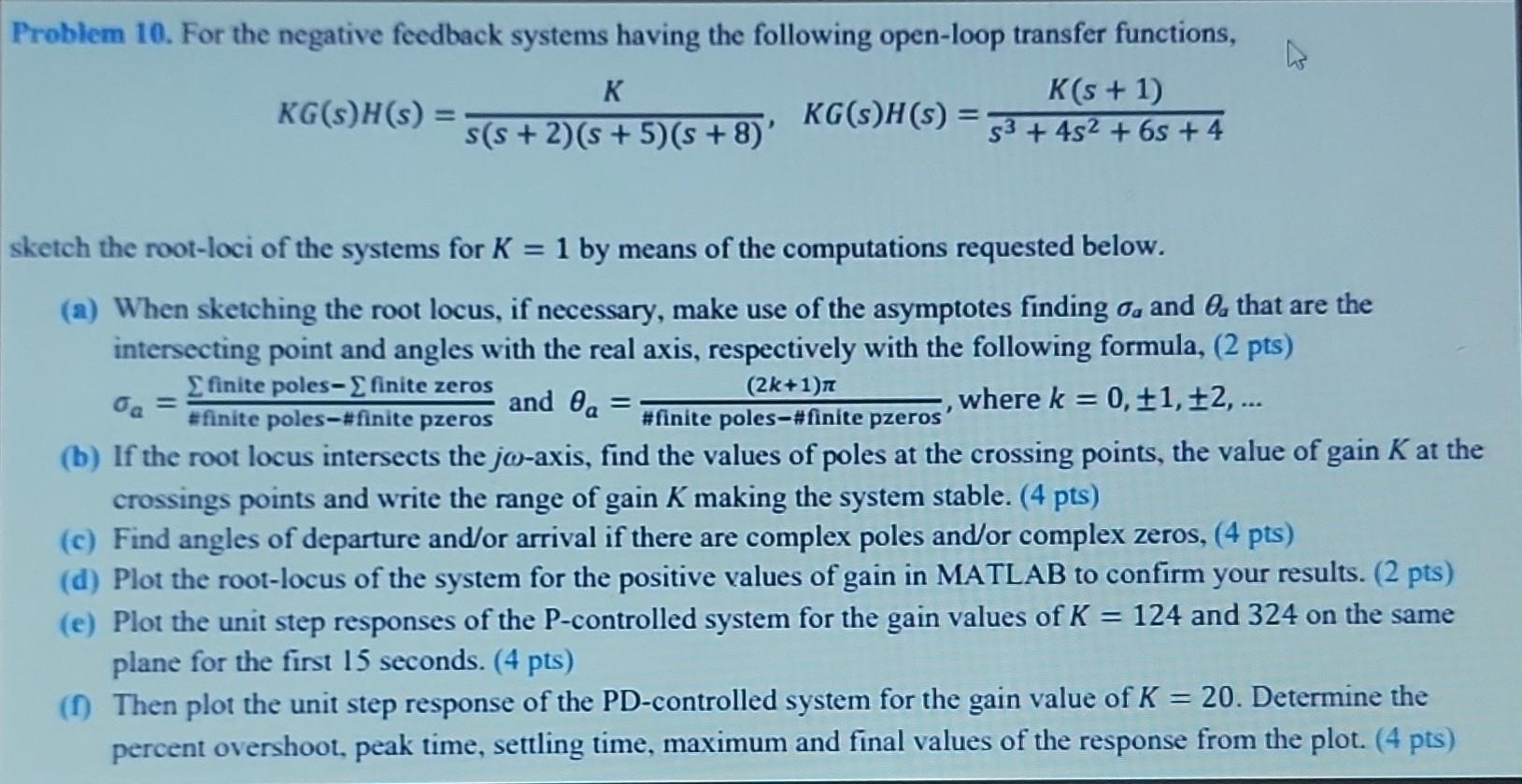 Solved Problem 10. For the negative feedback systems having | Chegg.com