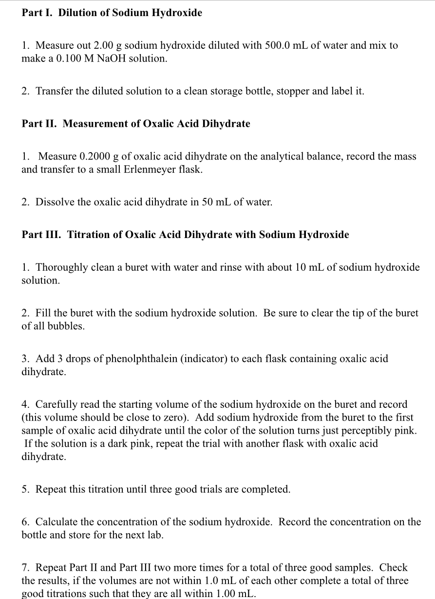 Part I. Dilution of Sodium Hydroxide1. ﻿Measure out | Chegg.com