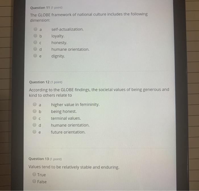 Solved Question 11 (1 point) The GLOBE framework of national | Chegg.com