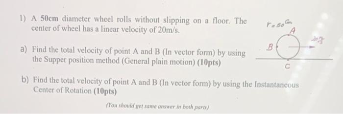 Solved 1) A 50 cm diameter wheel rolls without slipping on a | Chegg.com