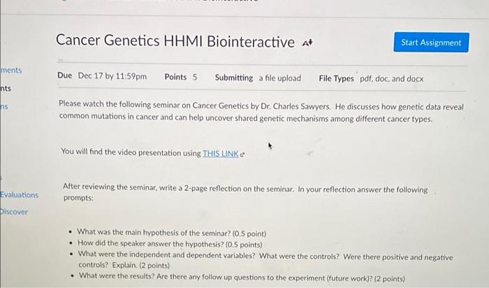 Cancer Genetics HHMI Biointeractive at At Start | Chegg.com