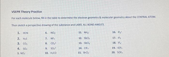 VSEPR Theory Practice For each molecule below, fill | Chegg.com