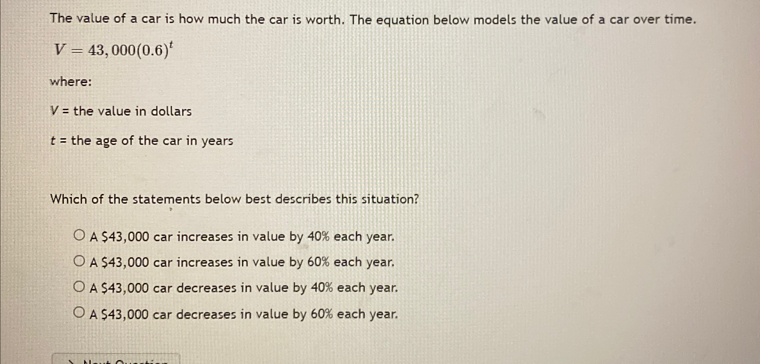 Solved The value of a car is how much the car is worth. The | Chegg.com