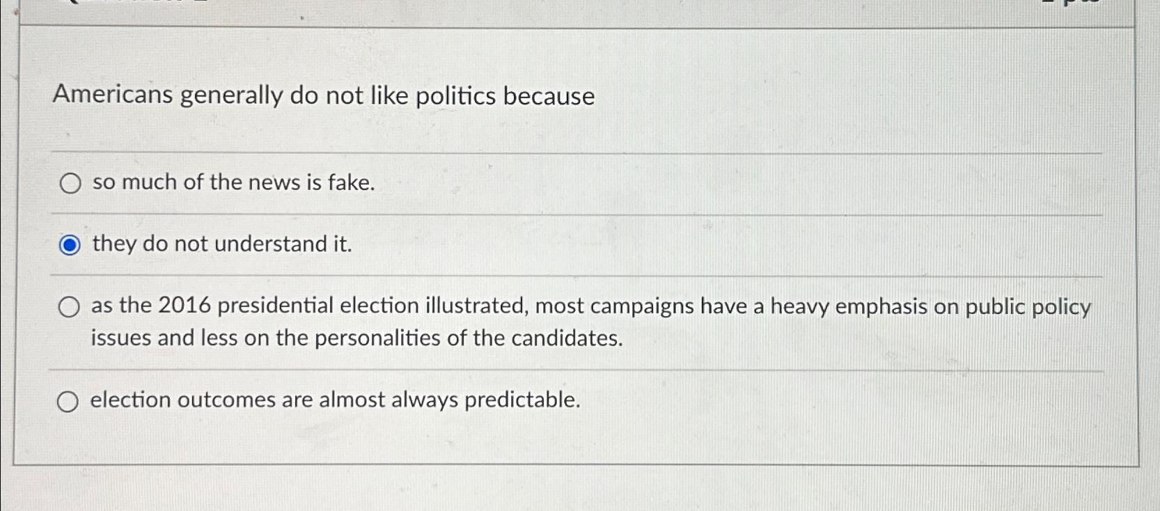 Solved Americans generally do not like politics becauseso | Chegg.com