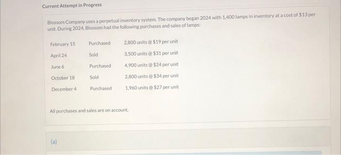 Solved Current Attempt in Progress Blossom Company uses a | Chegg.com