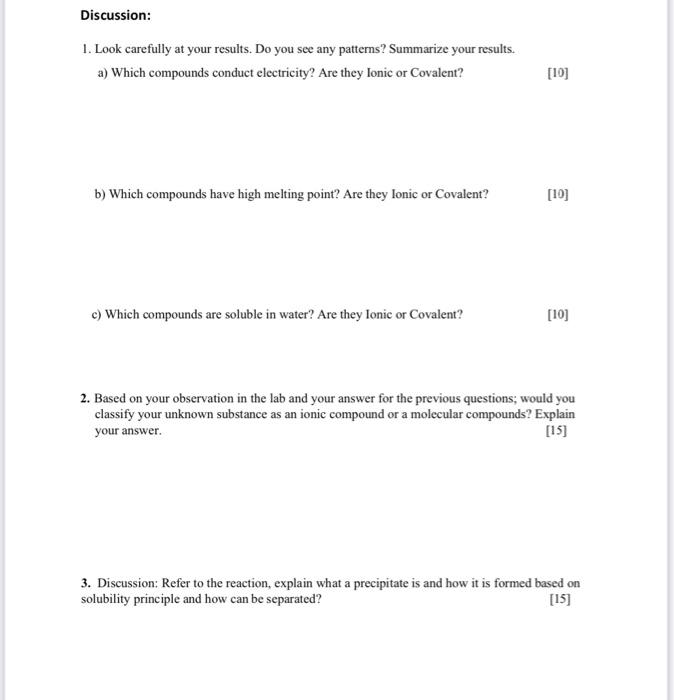 Solved Experimental Data \& Observation table: Soluble +++, | Chegg.com