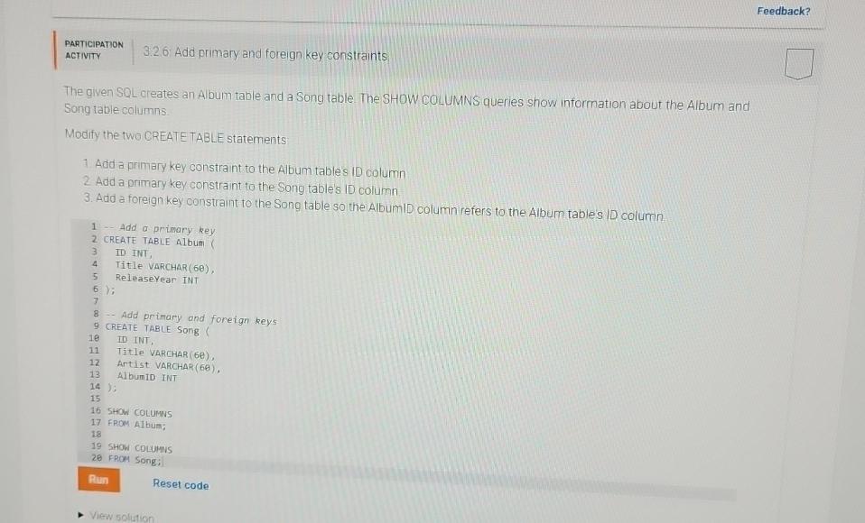 Solved Feedback?PARTICIPATION ACTIVITYThe given SQL creates | Chegg.com Solved Feedback?PARTICIPATION ACTIVITYThe given SQL creates | Chegg.com