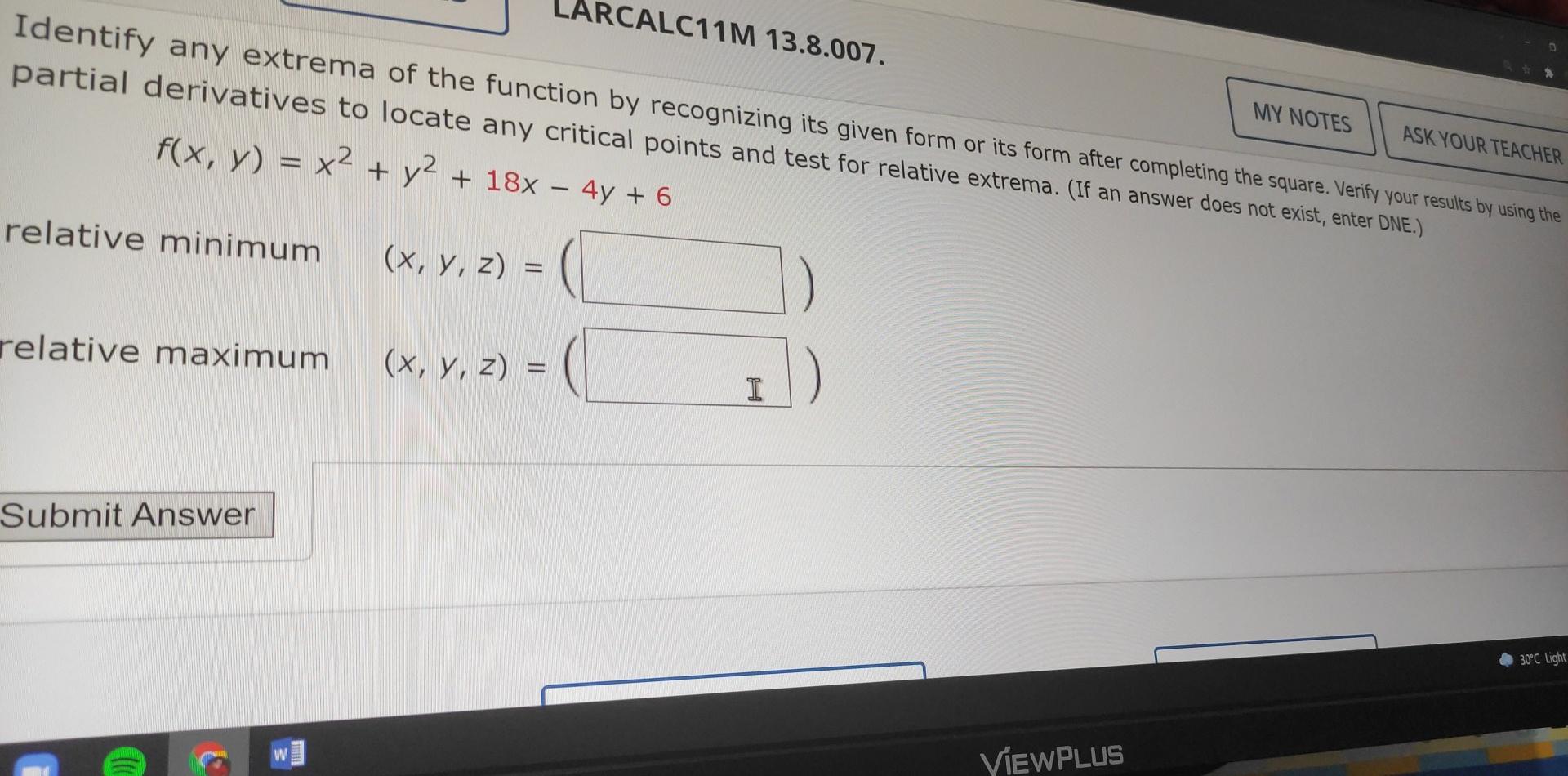 Solved ARCALC11M 13.8.007. Identify any extrema of the | Chegg.com