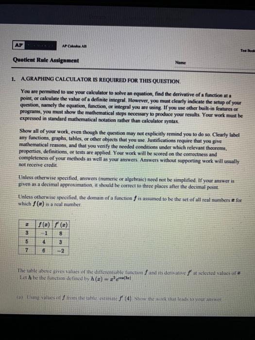 Solved Quotient Rule Assignment 1. A GRAPHING CALCULATOR IS | Chegg.com