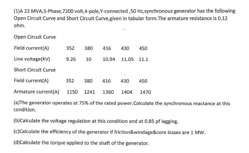 Solved (1)A 22 MVA,3-Phase, 7200 volt, 4-pole,Y-connected | Chegg.com