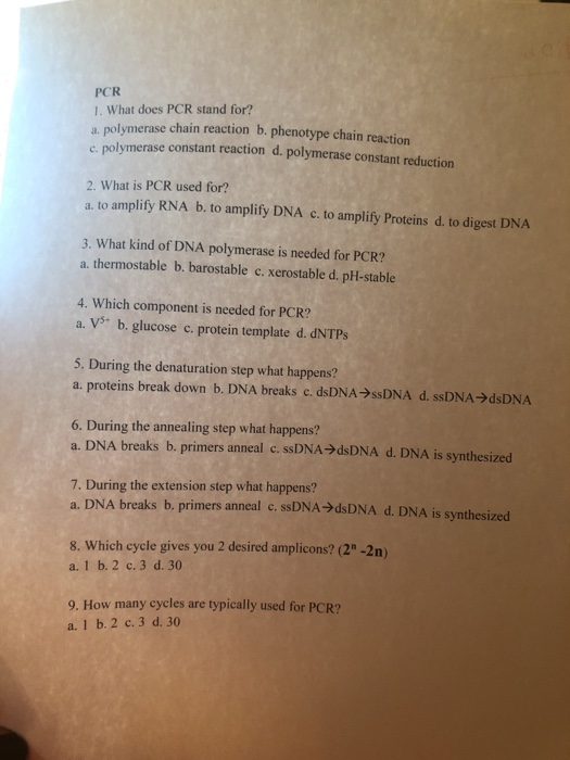 Solved PCR 1. What does PCR stand for? polymerase chain | Chegg.com