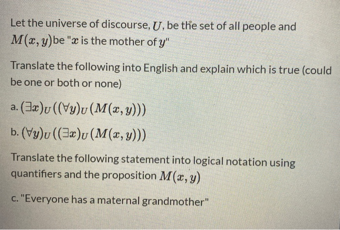 Solved Let the universe of discourse, U, be the set of all | Chegg.com