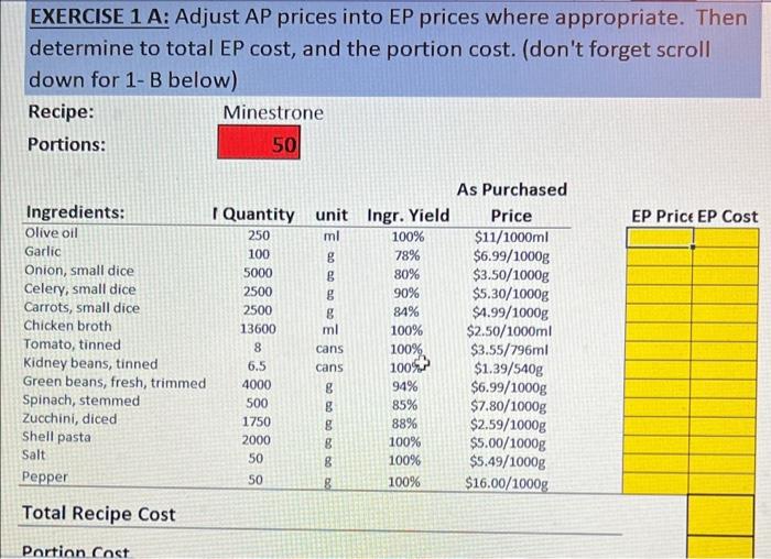 EXERCISE 1 A: Adjust AP prices into EP prices where | Chegg.com