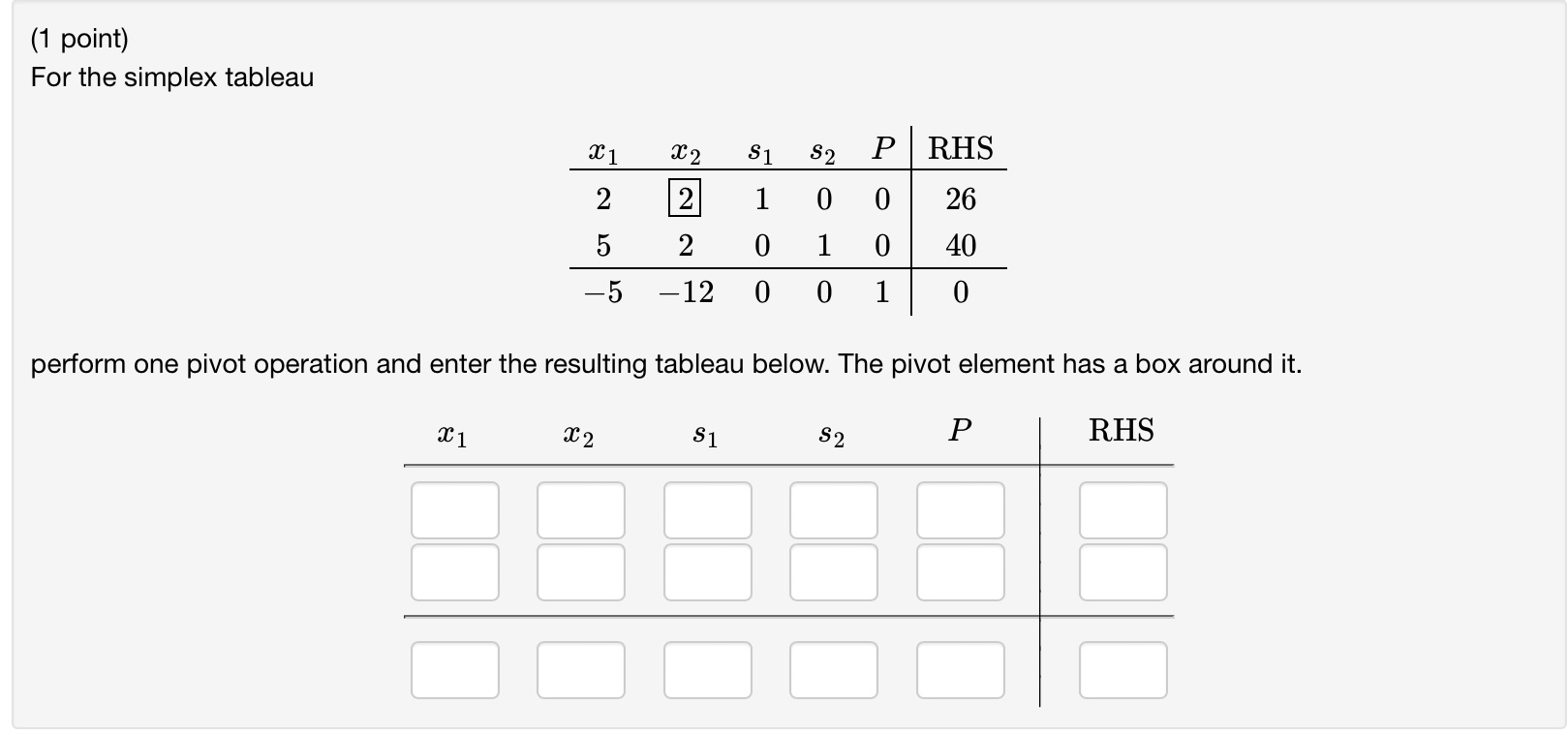 Solved (1 ﻿point)For the simplex tableauperform one pivot | Chegg.com
