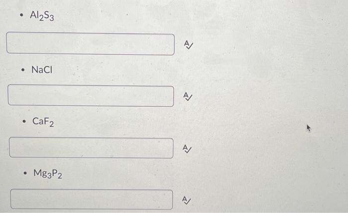 Solved - Al2 S3 - NaCl A A - CaF2 - Mg3P2- NaClO2 | Chegg.com