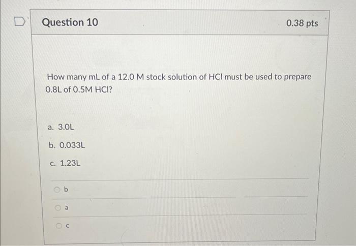Solved How many mL of a 12.0M stock solution of HCl must be | Chegg.com