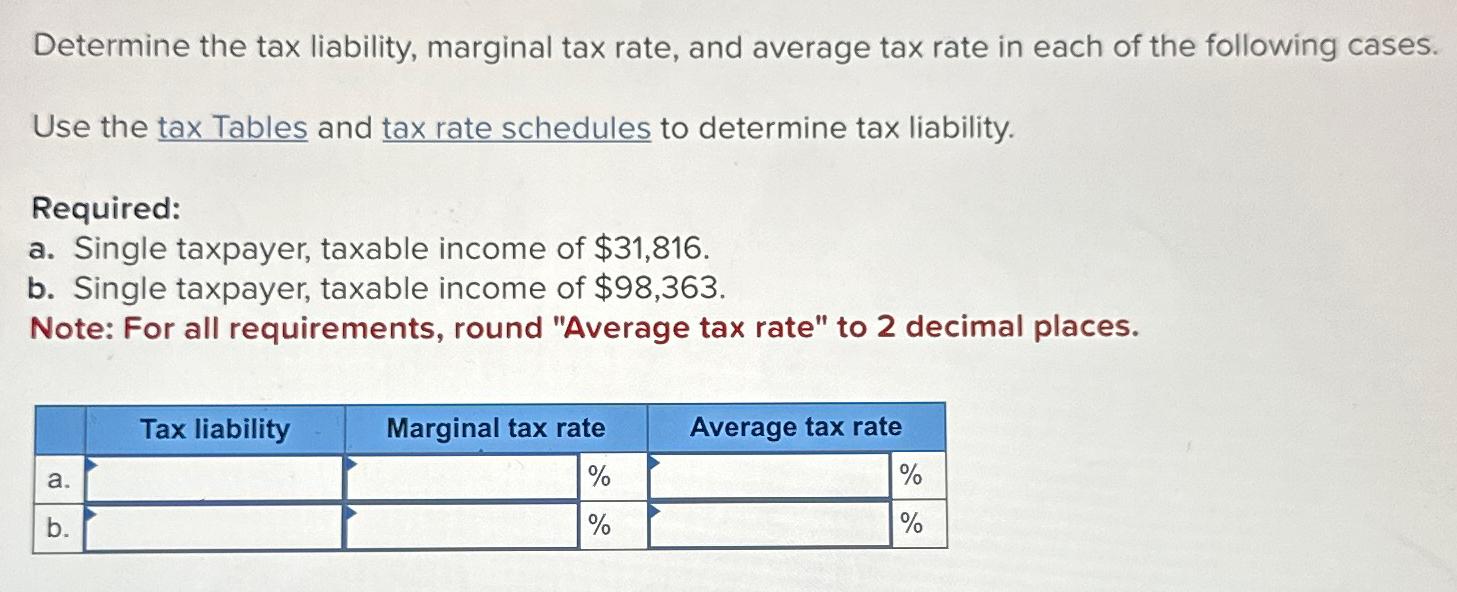 Solved Determine the tax liability, marginal tax rate, and | Chegg.com