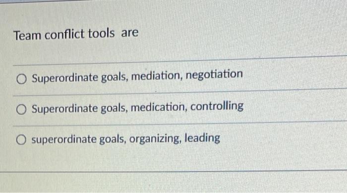 Solved Team conflict tools are Superordinate goals, | Chegg.com