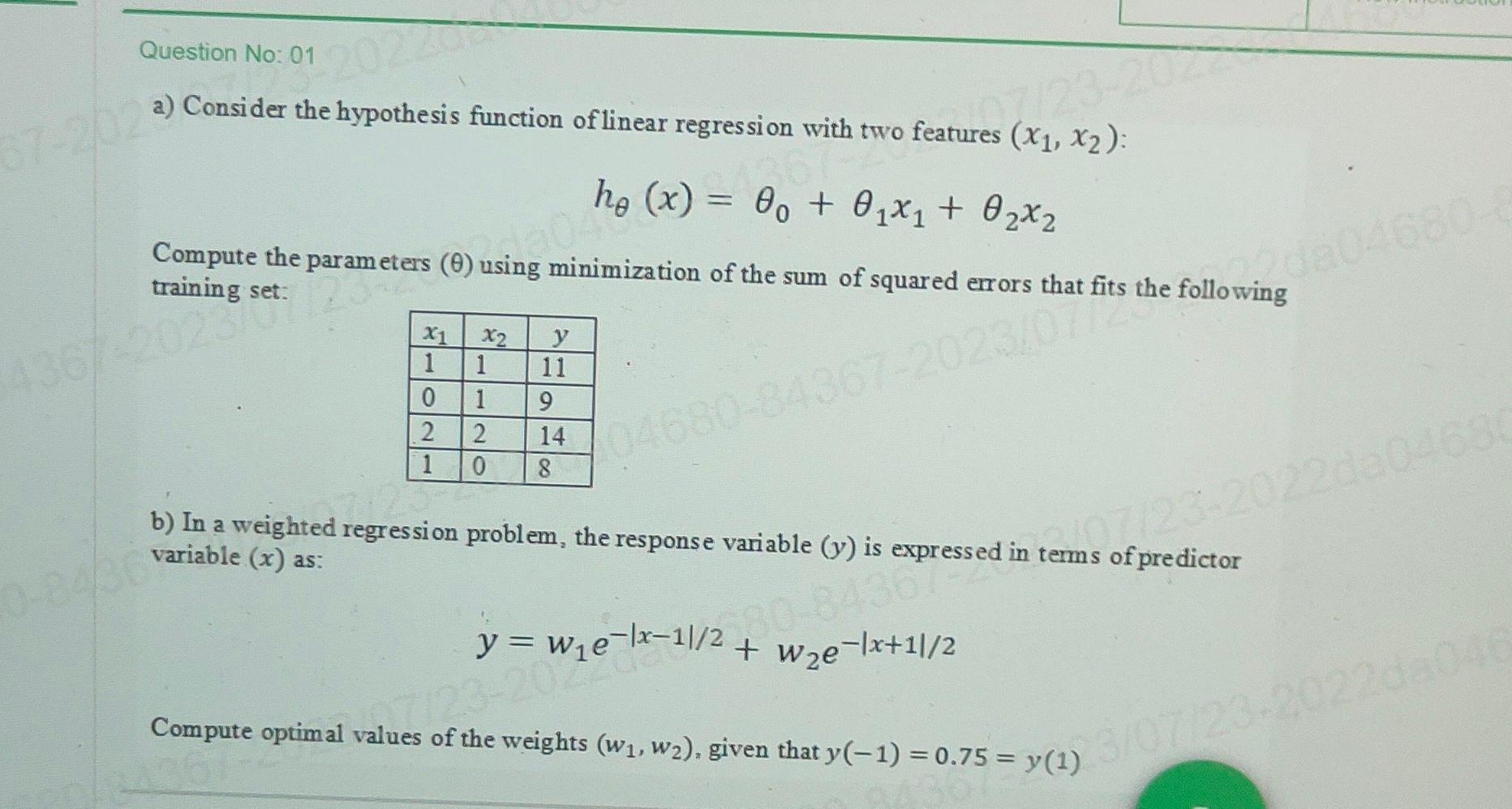 Solved a) Consider the hypothesis function of linear | Chegg.com