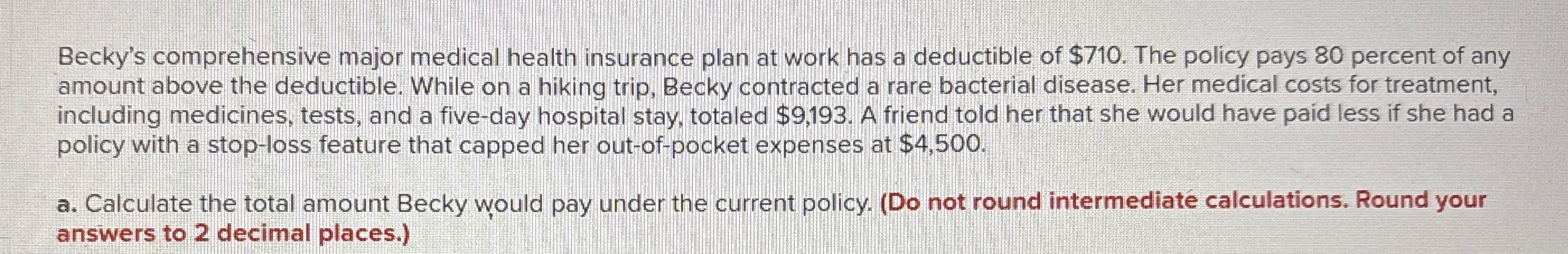 Solved Becky's comprehensive major medical health insurance | Chegg.com
