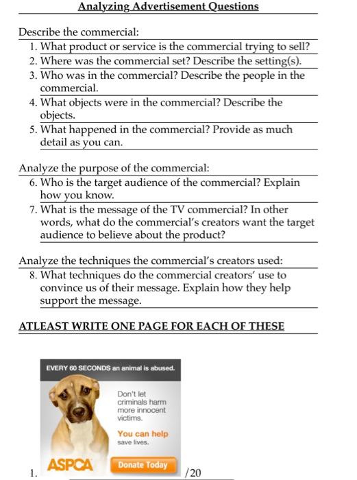 Solved Analyzing Advertisement Questions Describe the | Chegg.com