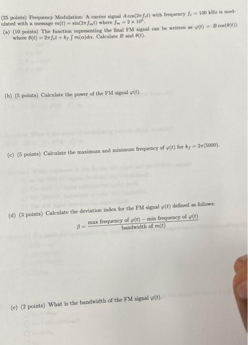 Solved (25 points) Frequency Modulation: A carrier signal | Chegg.com