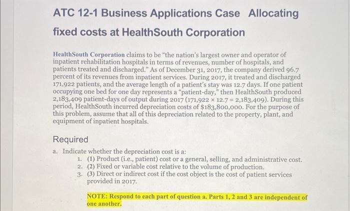 Solved ATC 12-1 Business Applications Case Allocating fixed | Chegg.com