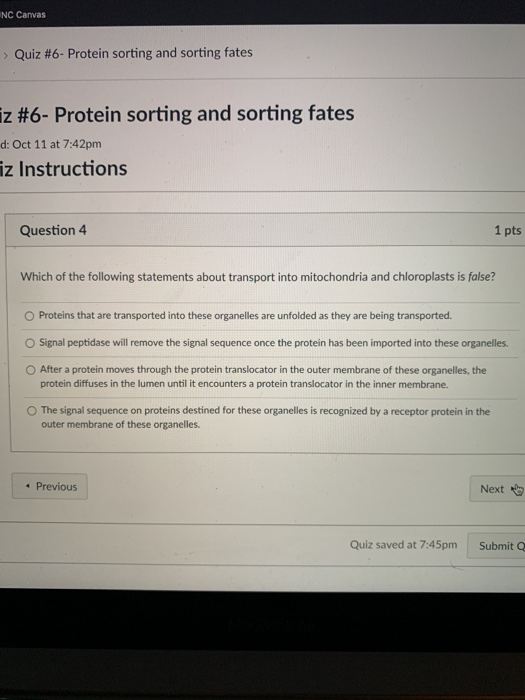 Solved NC Canvas > Quiz #6- Protein sorting and sorting | Chegg.com