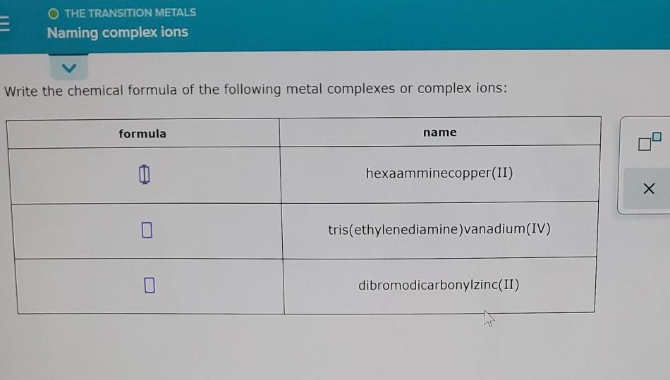 Solved O THE TRANSITION METALS Naming complex ions Write the | Chegg.com