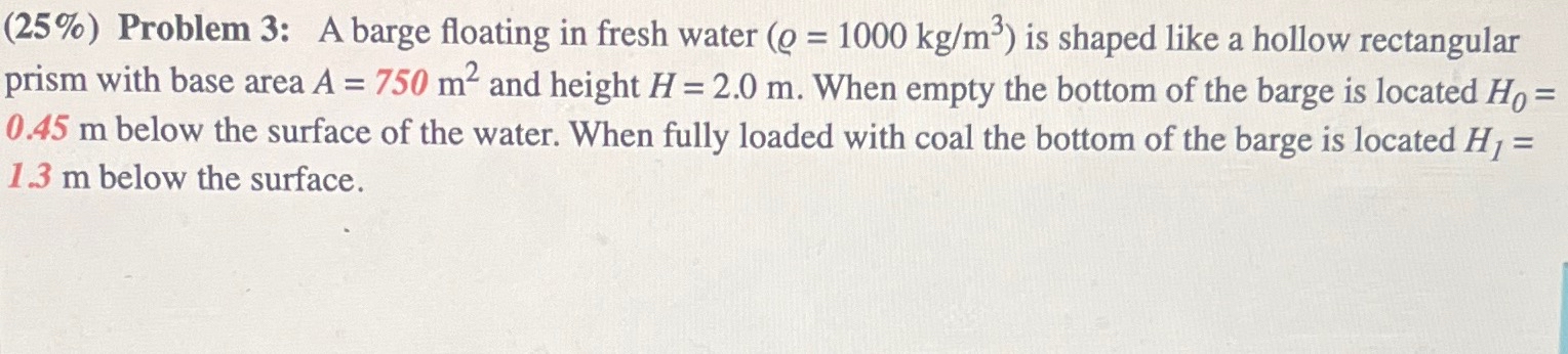 (25%) ﻿Problem 3: A barge floating in fresh water | Chegg.com