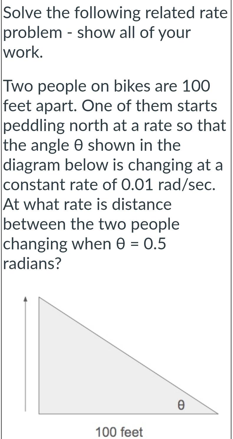 Solved Solve the following related rate problem - ﻿show all | Chegg.com