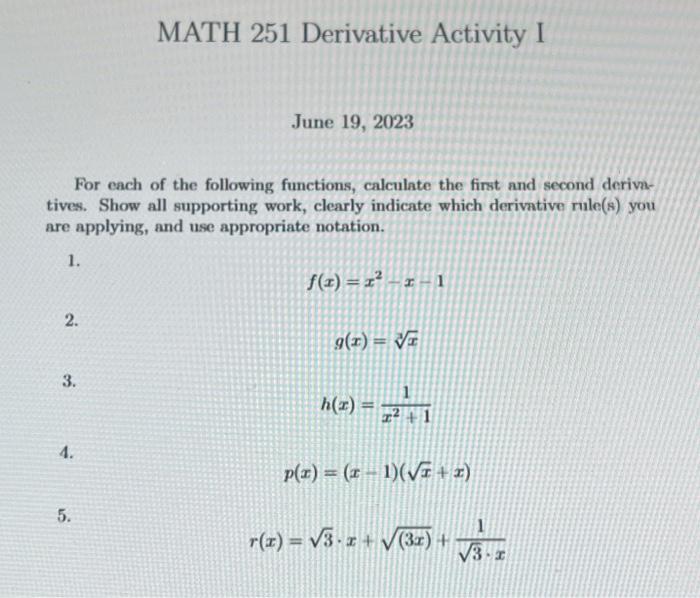 Solved MATH 251 Derivative Activity I June 19,2023 For each | Chegg.com