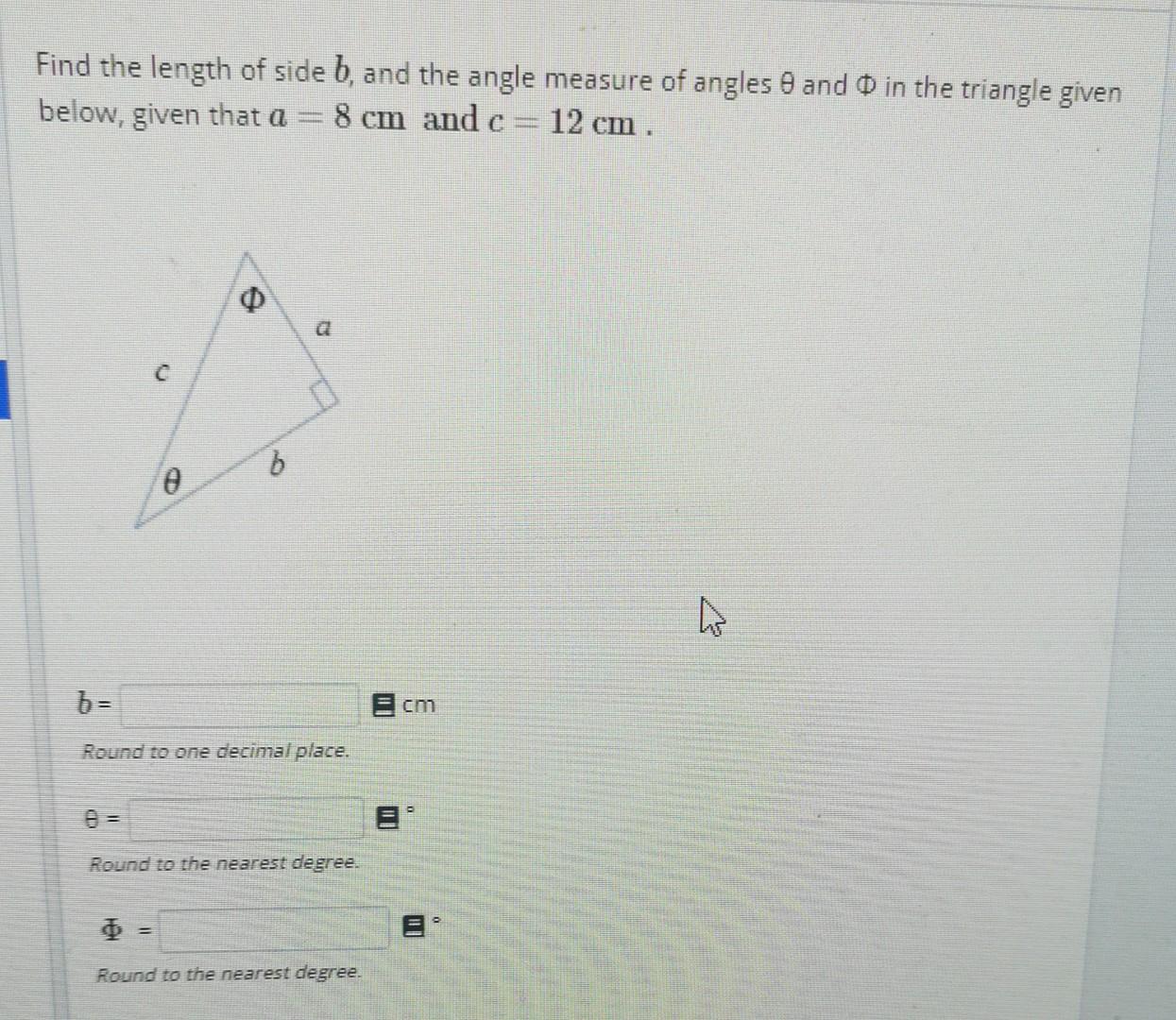 Solved Find the length of side b, and the angle measure of | Chegg.com