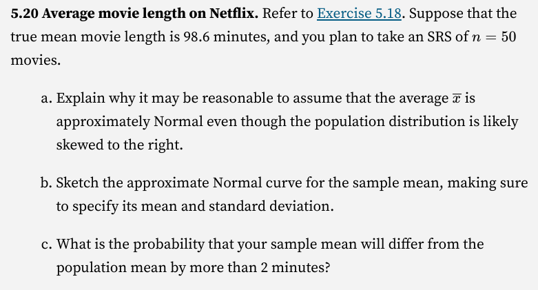 Solved 5.20 ﻿Average movie length on Netflix. Refer to | Chegg.com