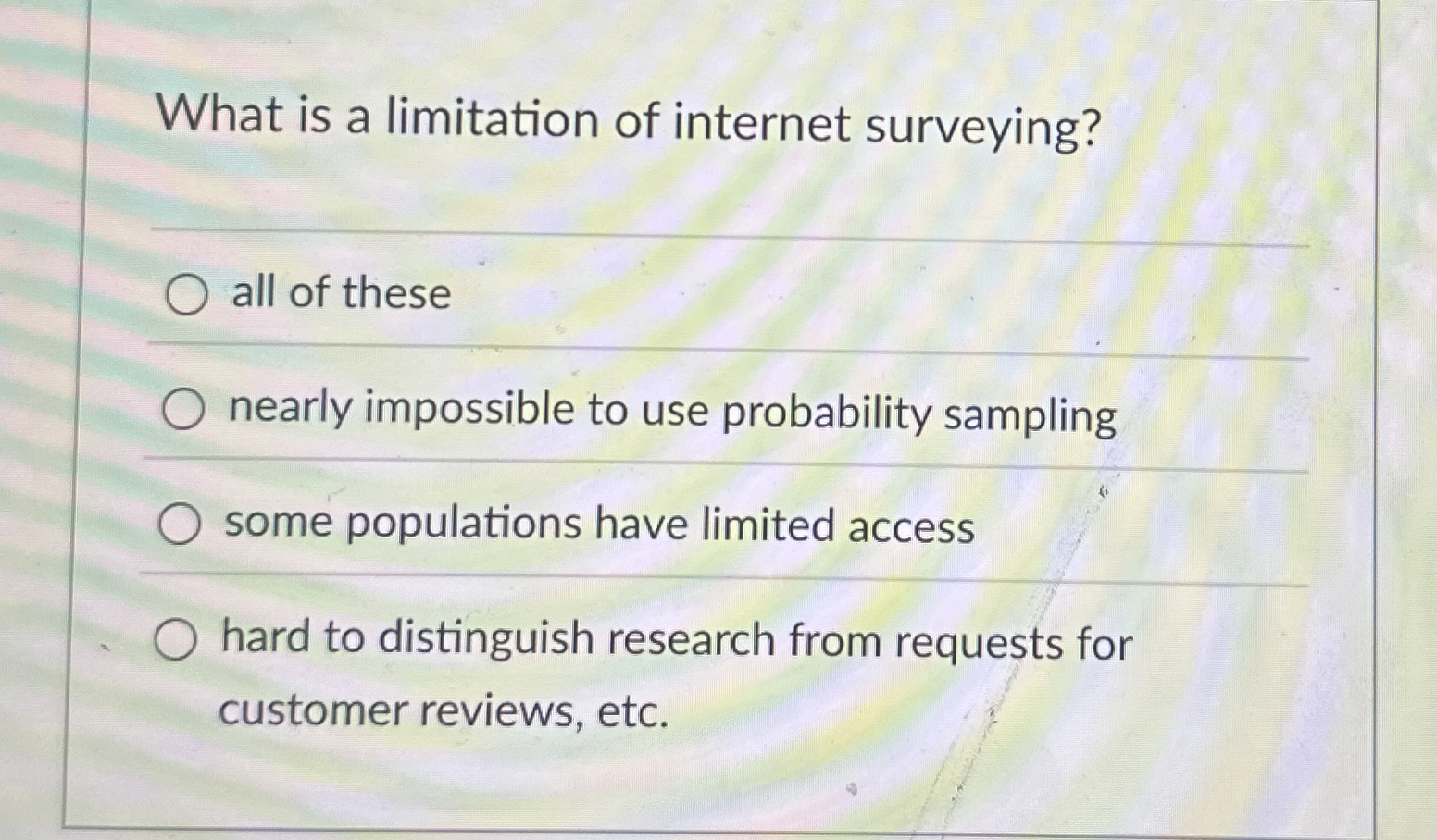 Solved What is a limitation of internet surveying?all of | Chegg.com