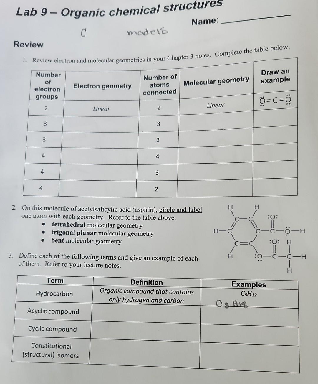 Solved Lab 9-Organic chemical structures Name: Review 1 | Chegg.com