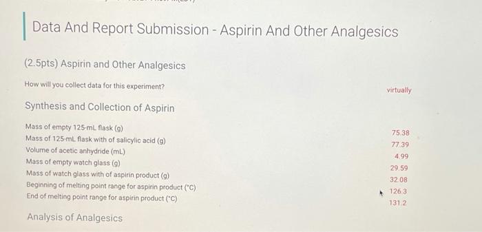 Solved Data And Report Submission - Aspirin And Other | Chegg.com