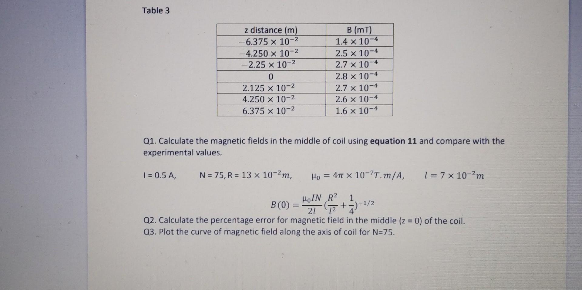 Solved Experiment 6 data Table 3 Q1. Calculate the magnetic | Chegg.com
