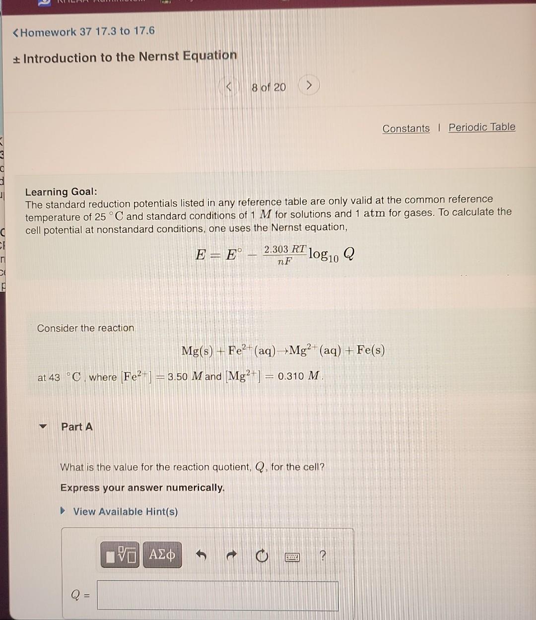 Solved ± Introduction to the Nernst Equation Constants I | Chegg.com