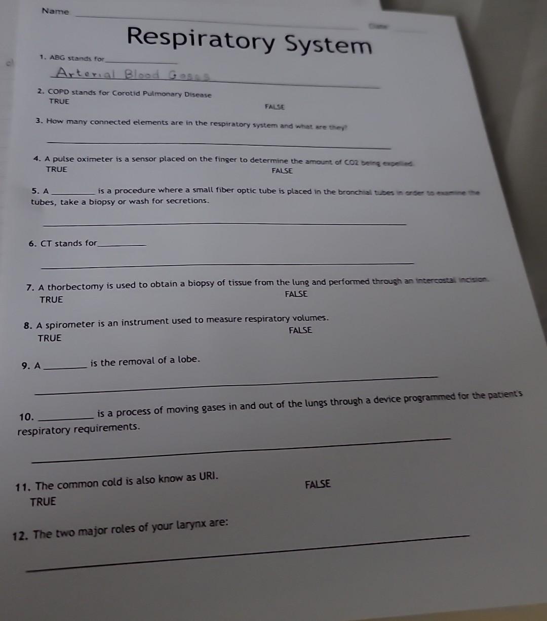 Solved Respiratory system 1. ABG stands for Arterial Blood | Chegg.com